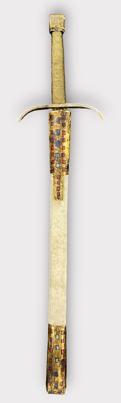 1.5 handed medieval sword with downward bending crossguard, with ornate ...